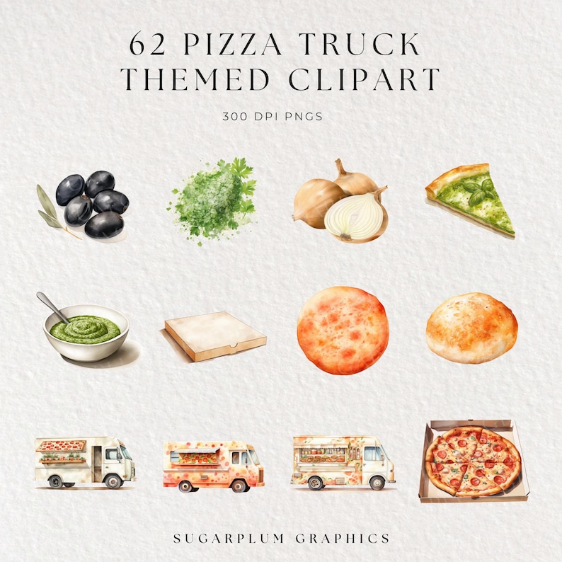 Pizza Truck Clipart Set, Watercolor Pizza and Italian Food ...