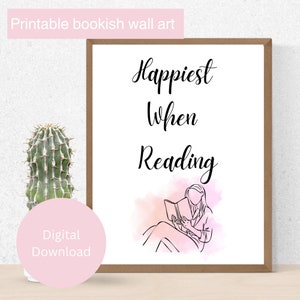 Happiest When Reading Printable Wall Art, Bookish Wall Poster, Pink ...