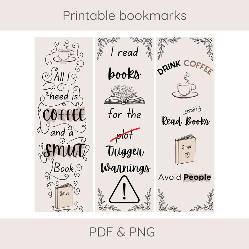 Printable Coffee and Books Smutmarks, Bookmarks for Bookish Lovers ...