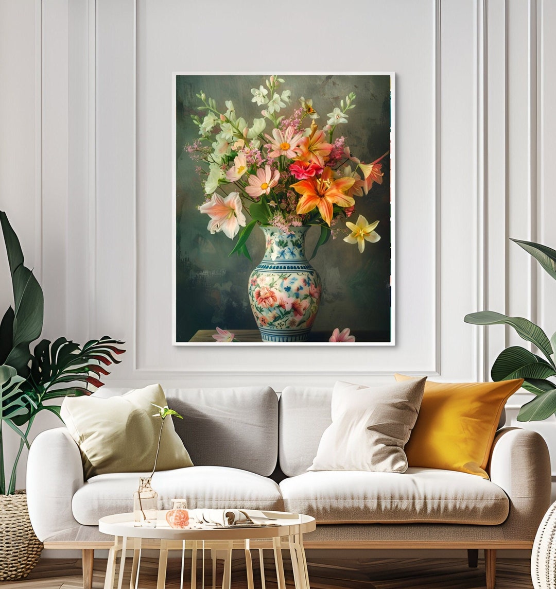 Printable Art Vintage Vase With Spring Flowers Painting, Toned Floral ...