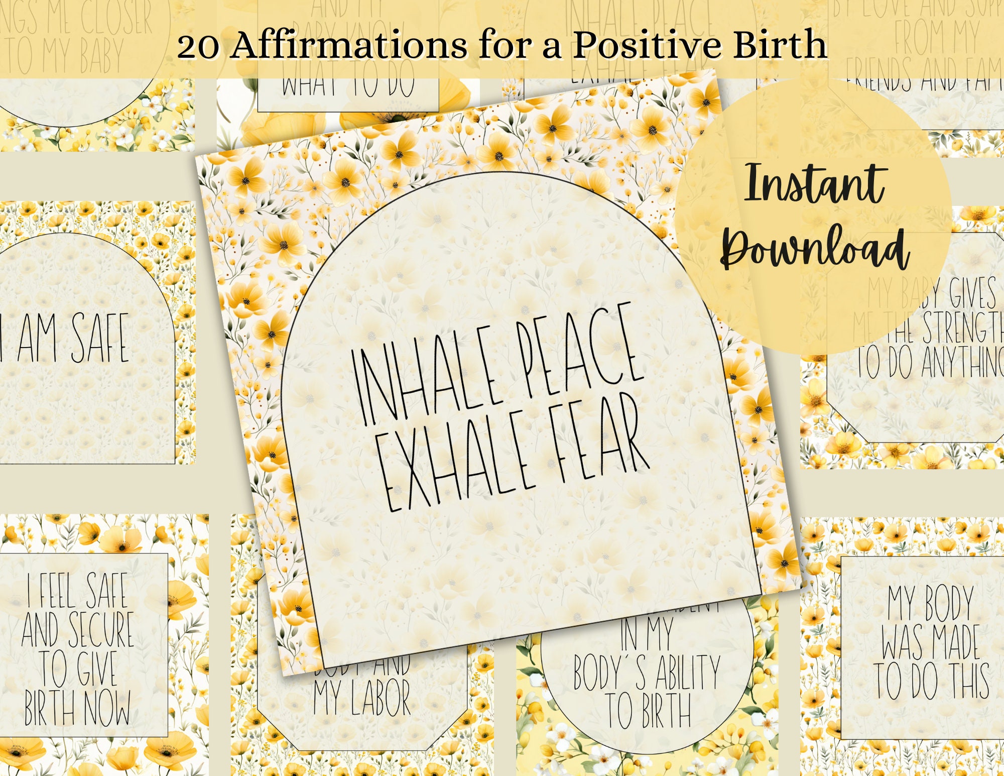 Printable Positive Birth Affirmations Yellow Floral Pregnancy Cards ...