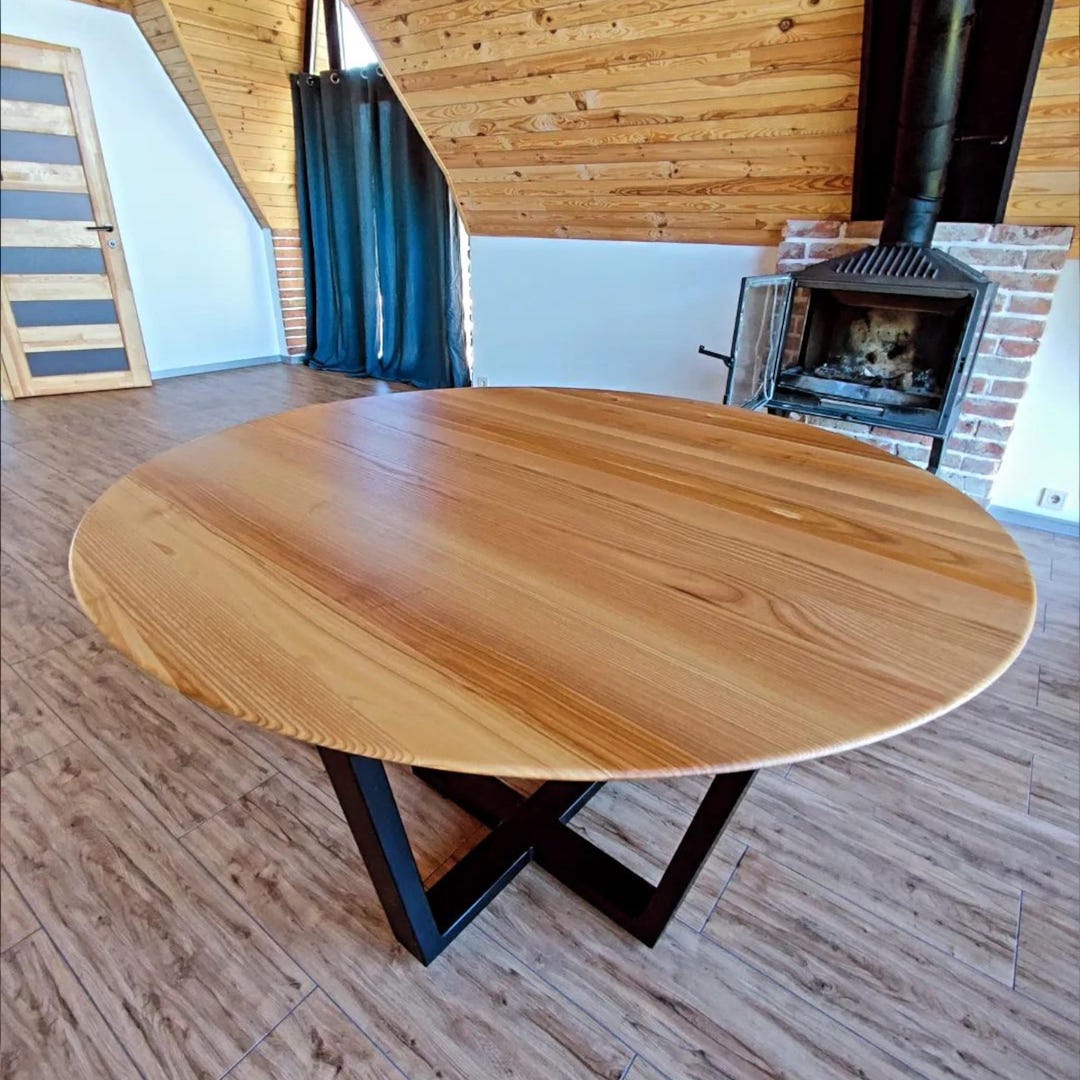 Luxury Round Ash Dining Table | Solid Natural Ash Top & Metal Base ...
