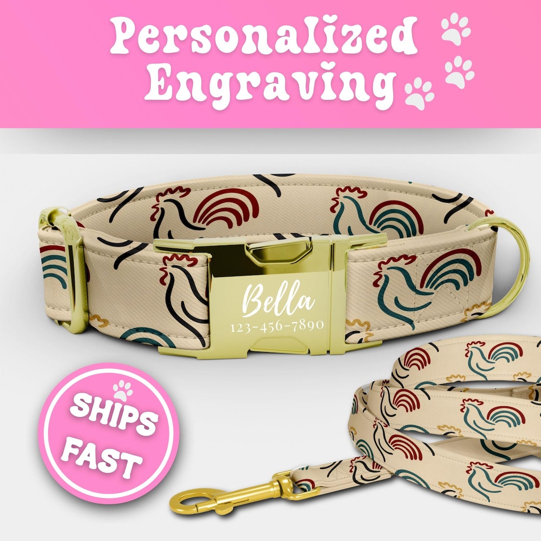 Colorful Rooster Dog Collar & Leash Set Personalized Engraved Puppy ...