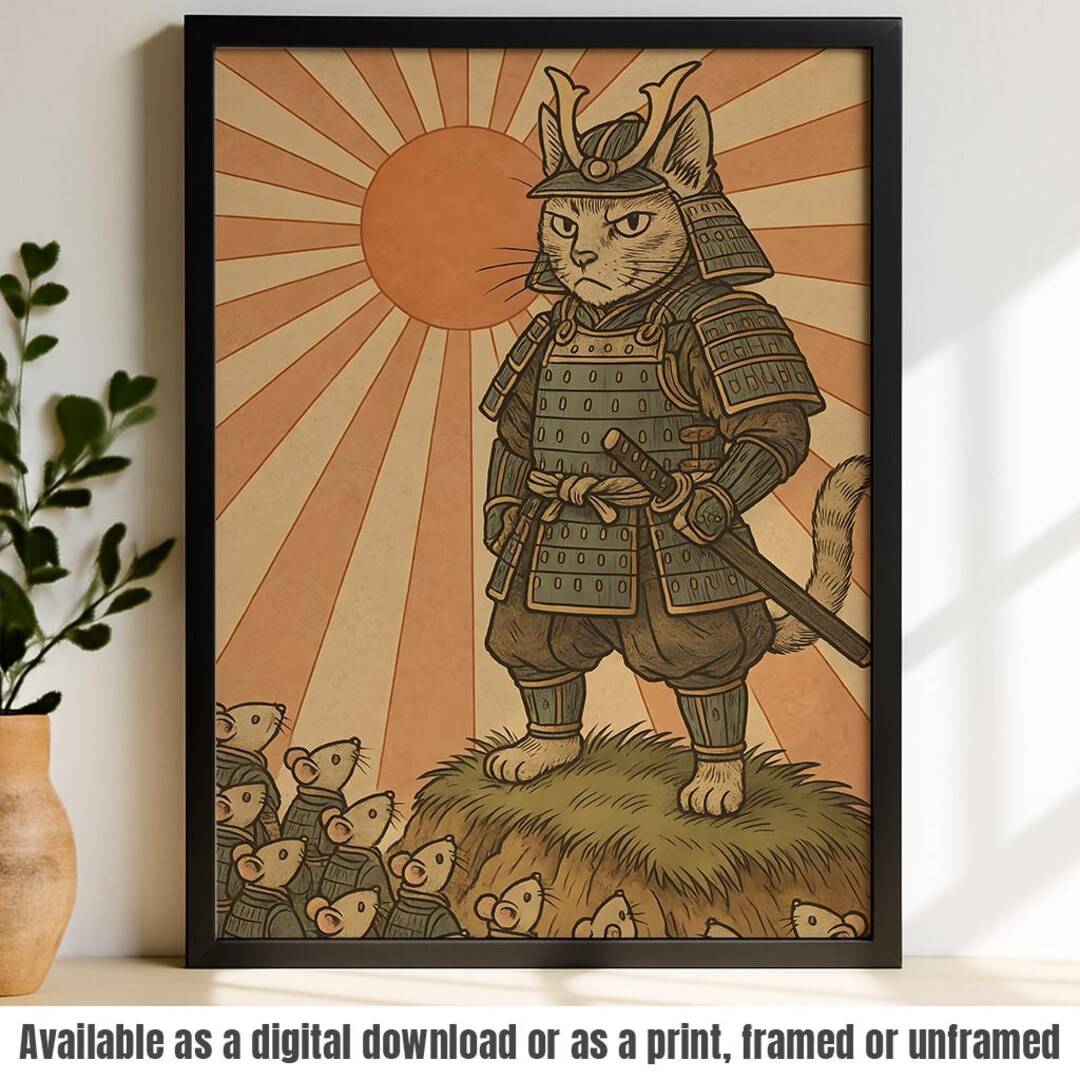 Samurai Cat Art Japanese Poster Mice Army Japanese Wall Art Style Cat ...