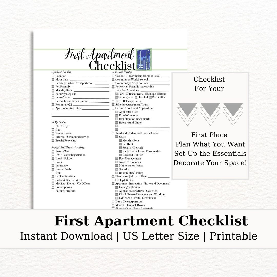 Printable First Apartment Checklist, My First Flat Unit Checklist, New ...