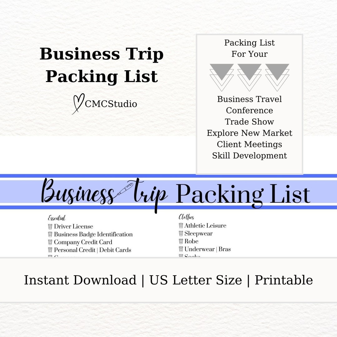 Business Travel Packing List, Work Trip Packing Checklist Template ...