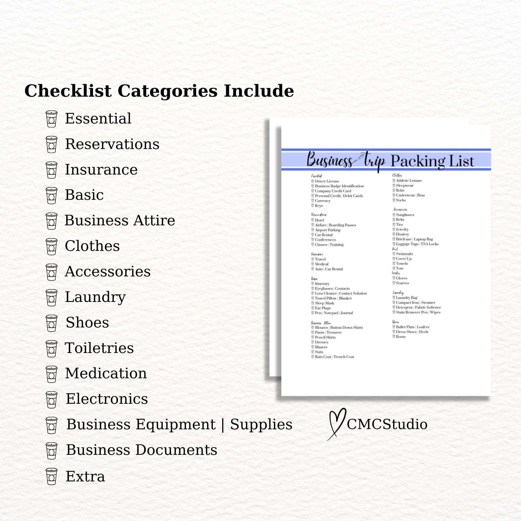Business Travel Packing List, Work Trip Packing Checklist Template ...