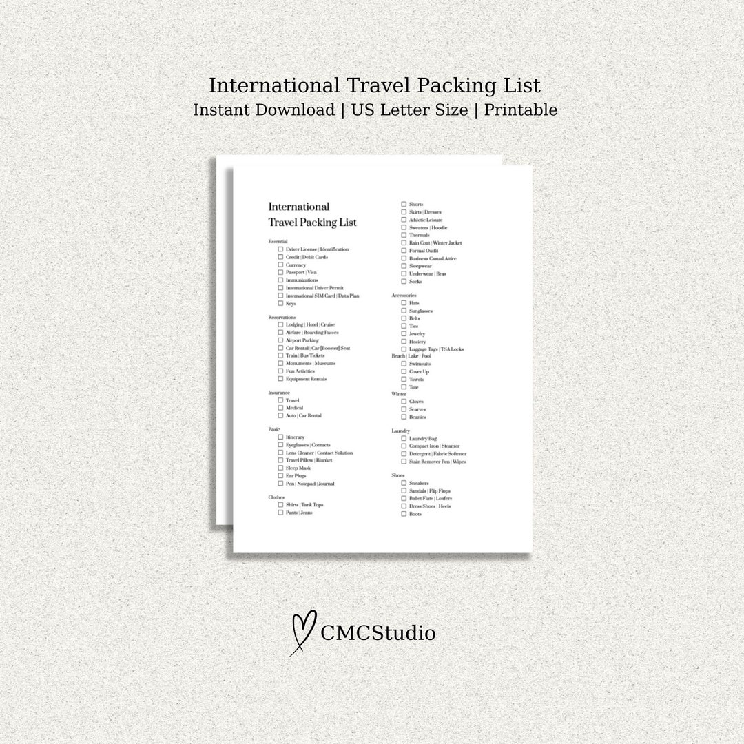 International Travel Packing List - Etsy