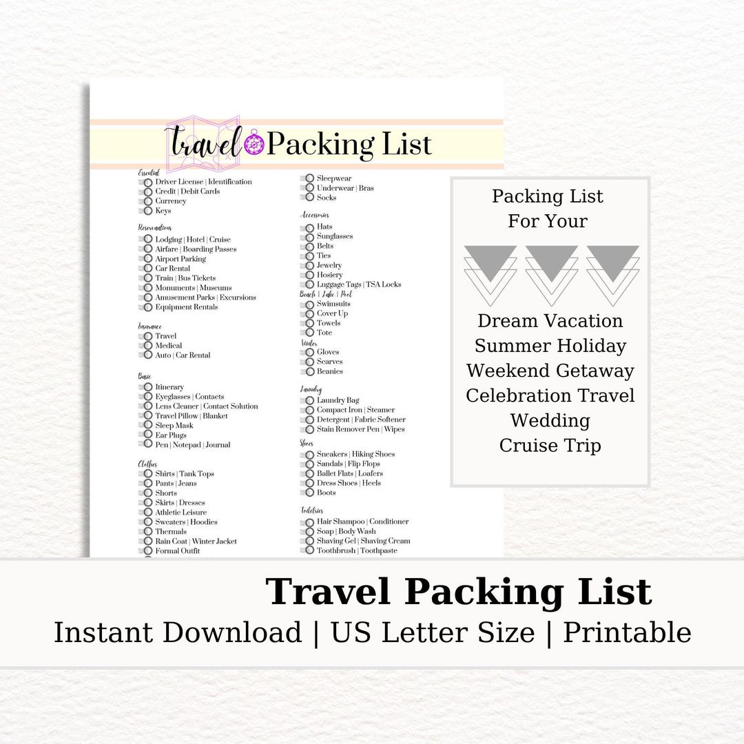 Printable Travel Packing Checklist Template, Vacation Planner, Travel ...