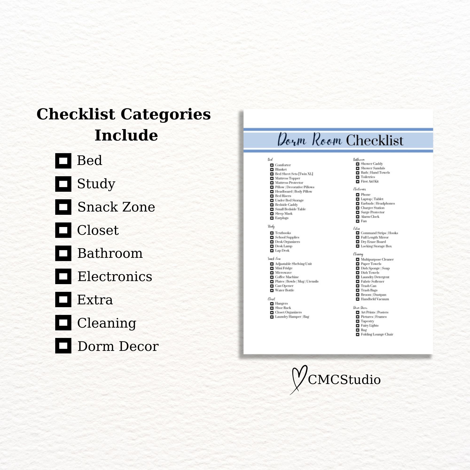 College Dorm Checklist, Dorm Essentials for Freshman Move In, College ...