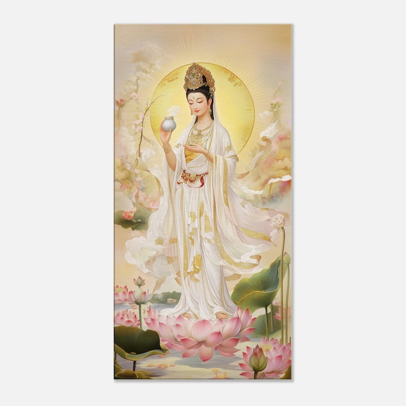 Guan Yin Bodhisattva Painting, Compassion Goddess on Lotus Flower, Feng ...