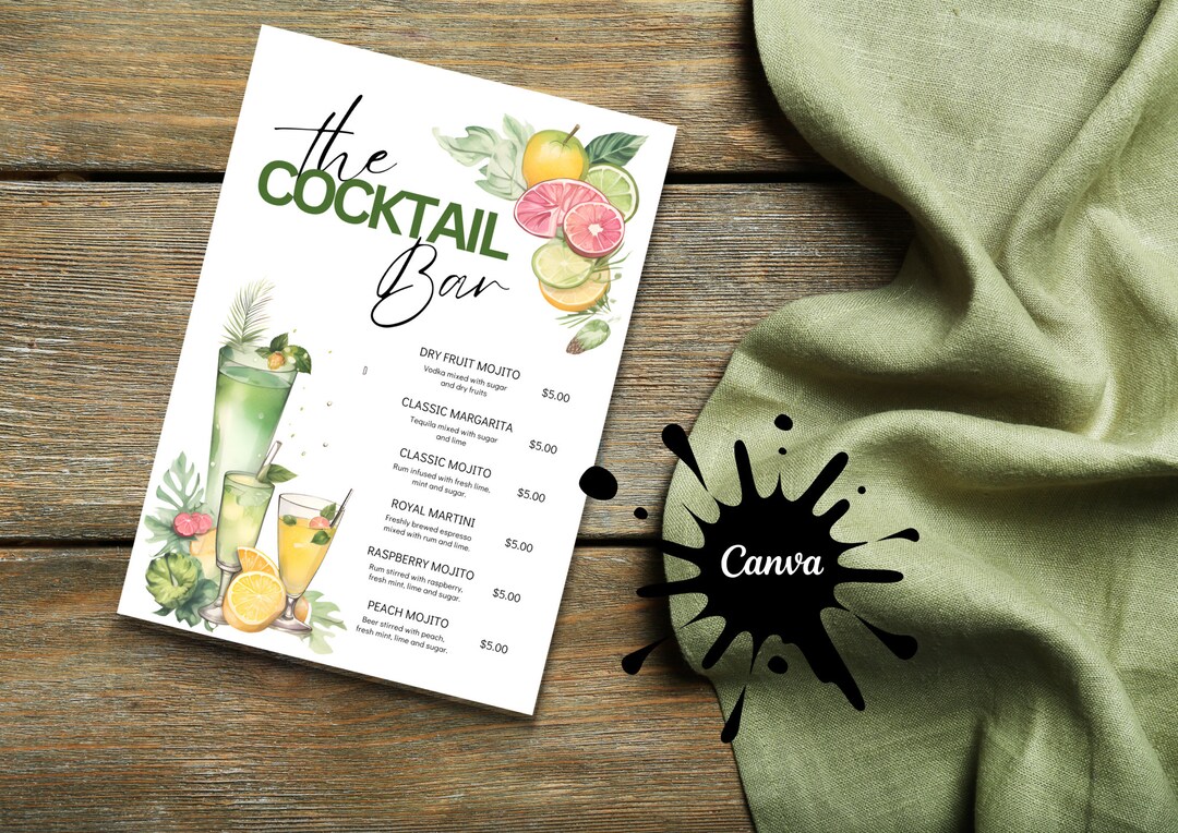 Cocktail Menu Template, A4, Canva Template, Cocktail Selection ...