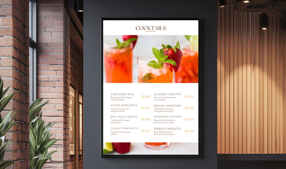 A4 Minimalist Cocktail Menu Template, Realistic Cocktail Menu - Etsy