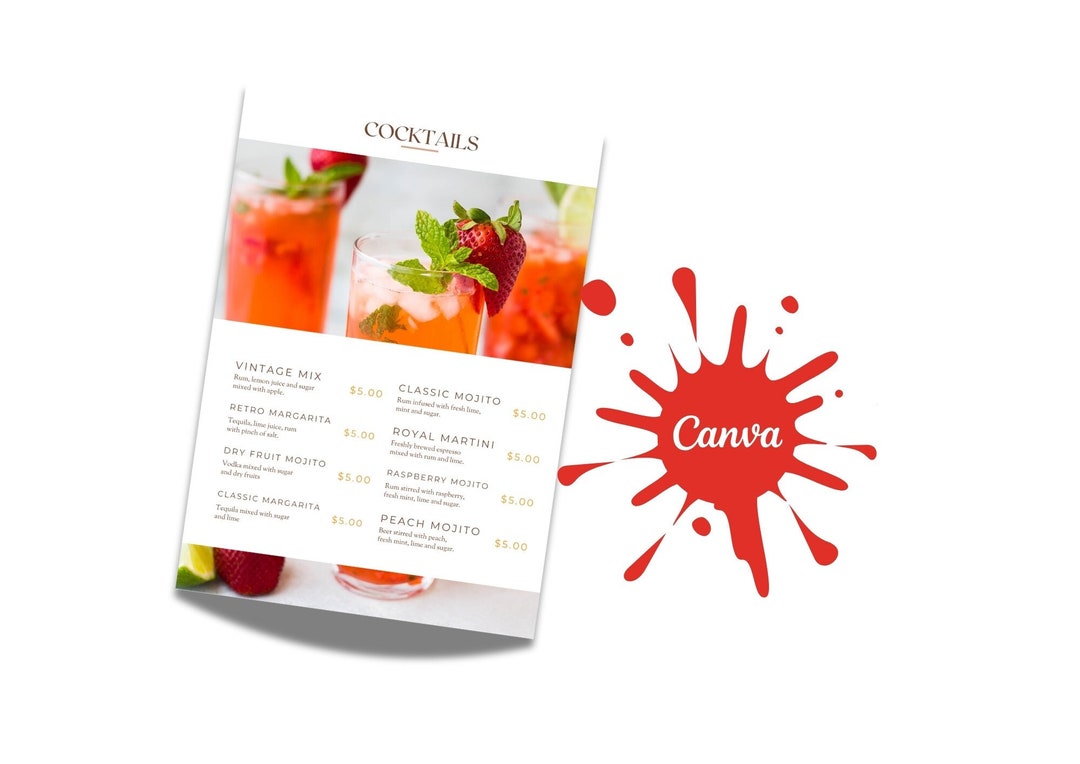 A4 Minimalist Cocktail Menu Template, Realistic Cocktail Menu - Etsy
