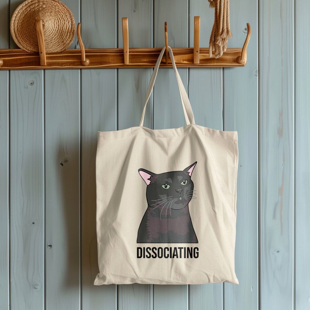 Dissociating Zoning Out Black Cat Meme Tote Bag Mental Health Cat ...
