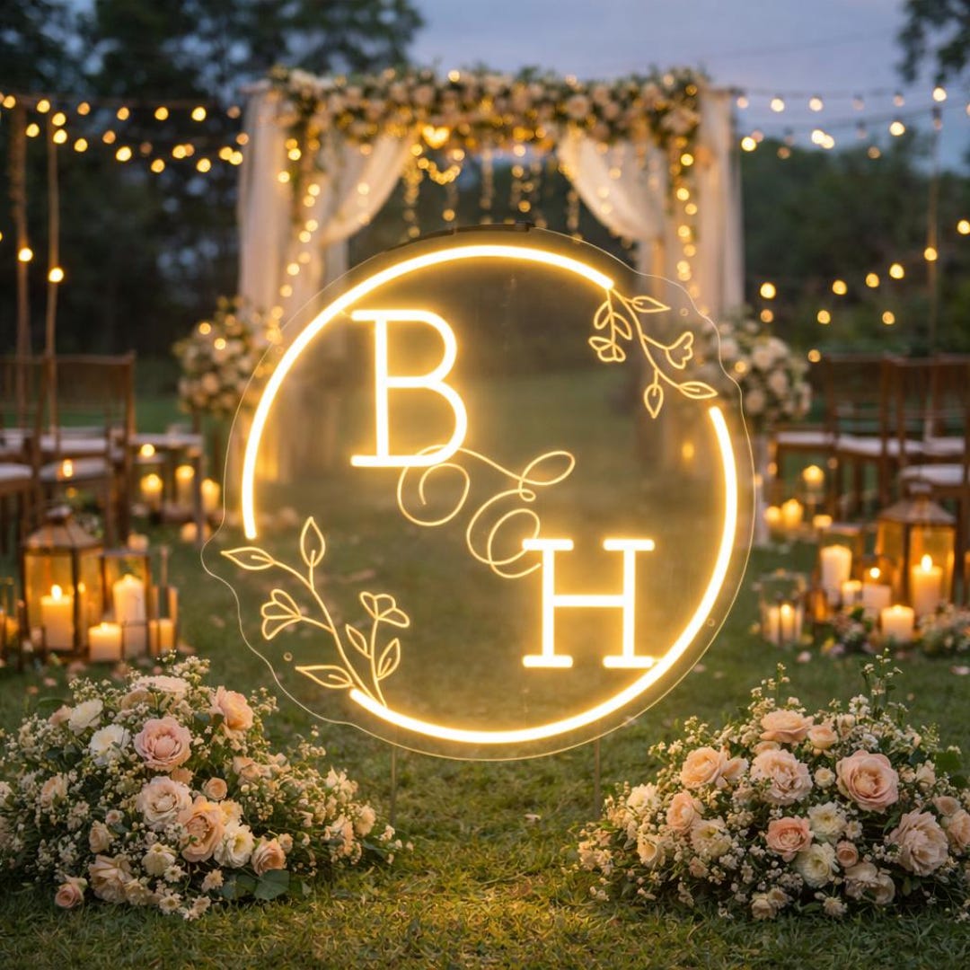 Personalized Wedding Neon Sign: Custom Initials & Floral LED Light - Etsy