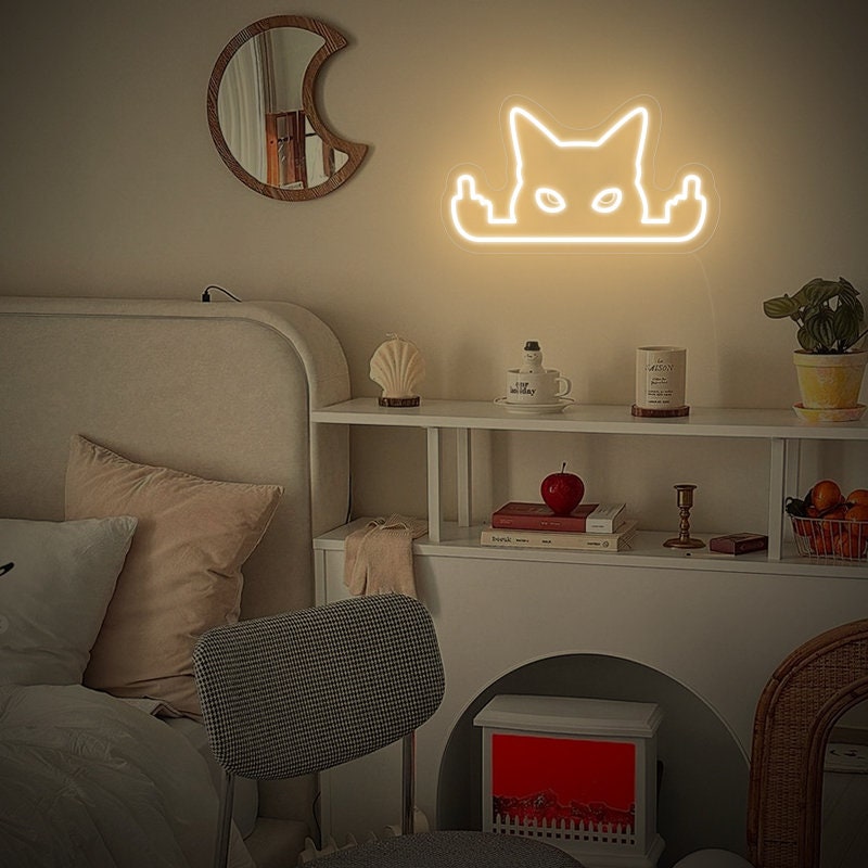 Funny Cat Middle Finger Neon Sign, Peeking Cat LED Sign, Cat Lover Gift ...