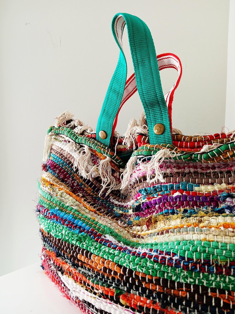 Large Recycled Rag Bag in Green on One Side of the Bag and Red on the ...