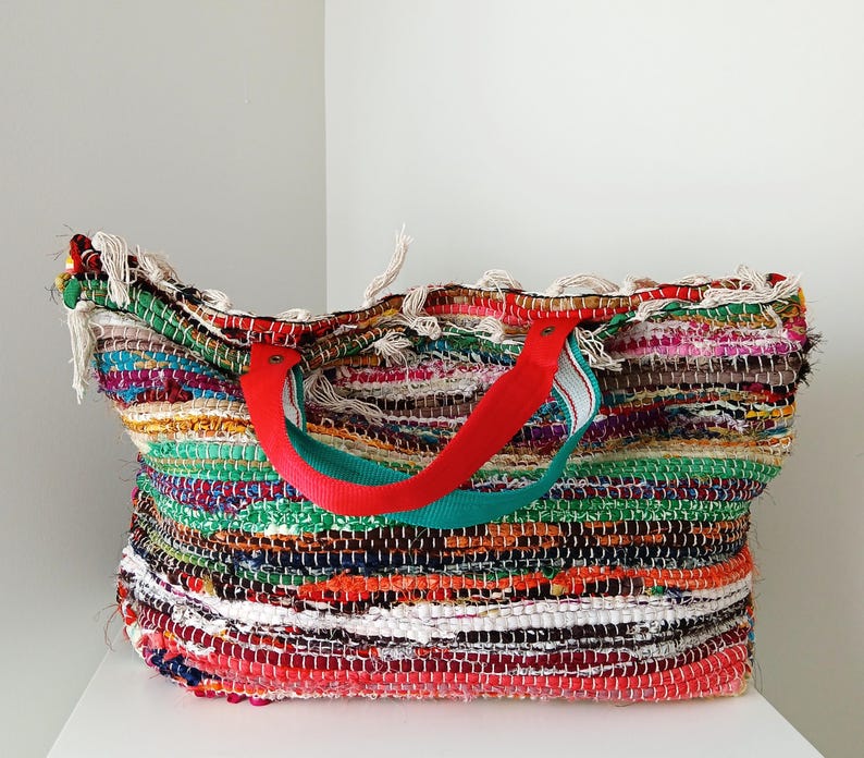Large Recycled Rag Bag in Green on One Side of the Bag and Red on the ...