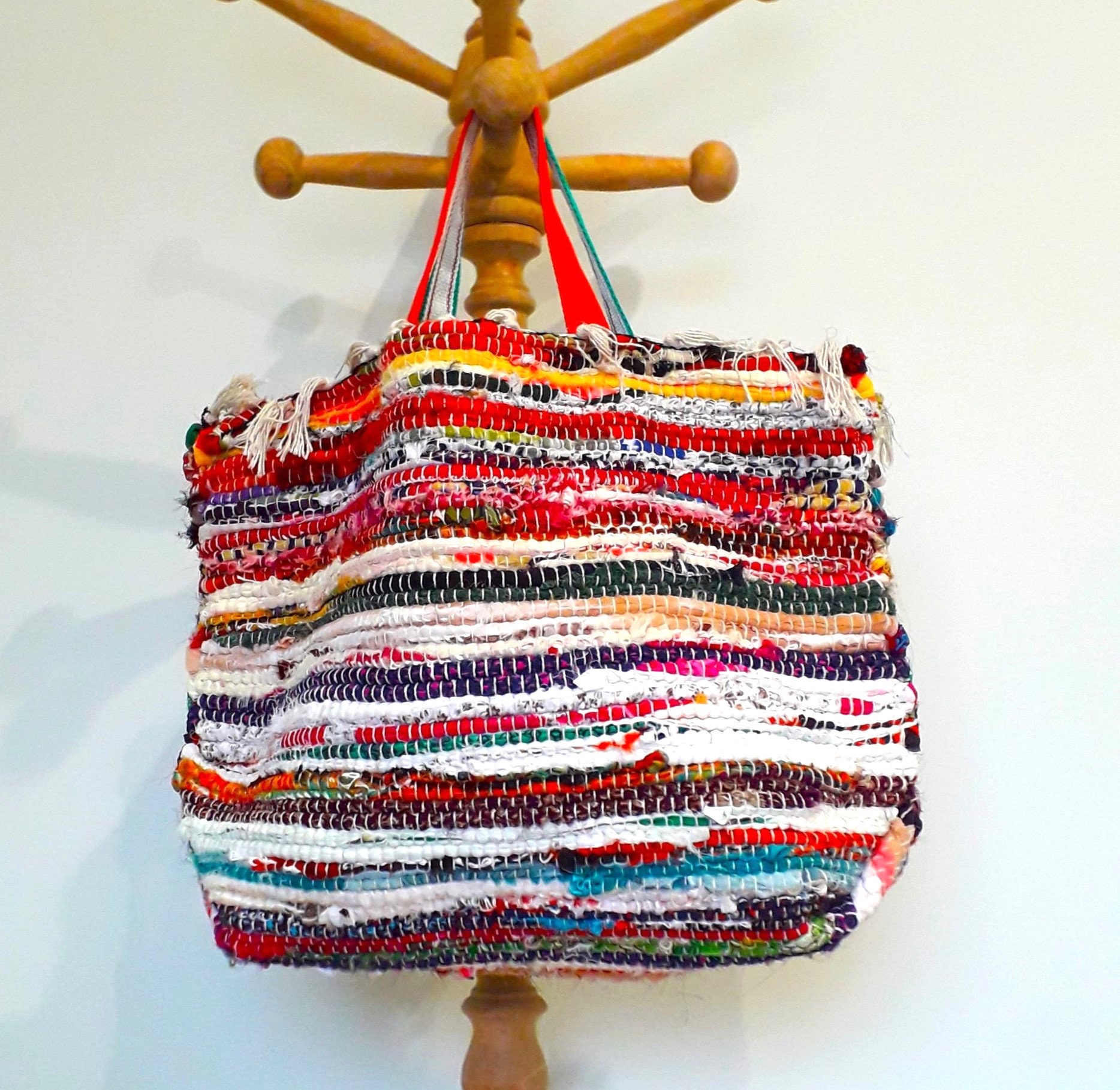 Large Recycled Rag Bag in Green on One Side of the Bag and Red on the ...