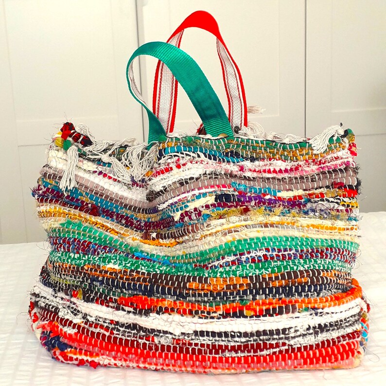 Large Recycled Rag Bag in Green on One Side of the Bag and Red on the ...