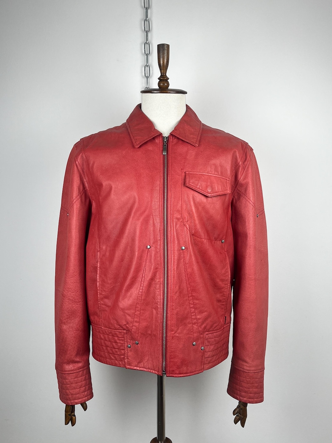 CHEVY Vintage Zip Streetwear Leather Red Jacket Men's Size 54 - Etsy