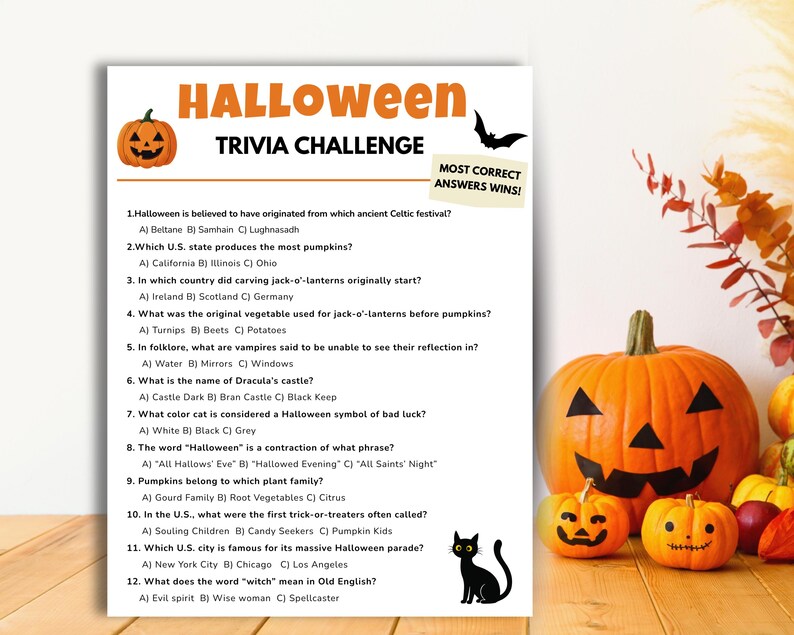 Halloween Trivia Game, Printable Halloween Trivia Quiz for Kids and ...