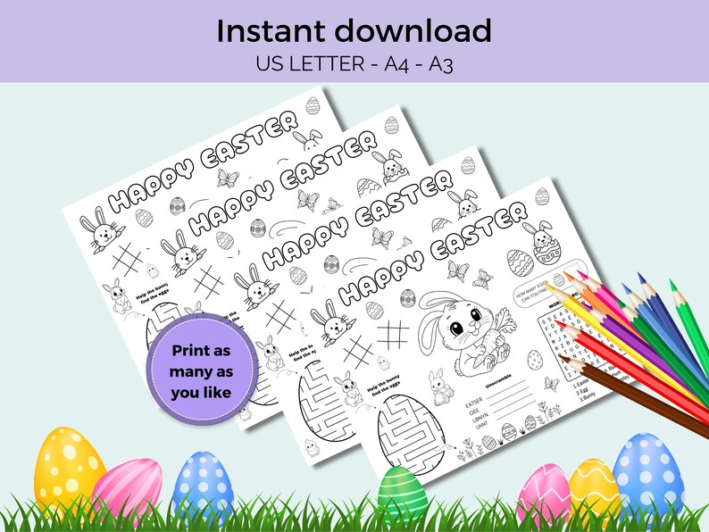 Easter Activity Placemat: Printable Coloring Page, Kids Games (PDF) - Etsy