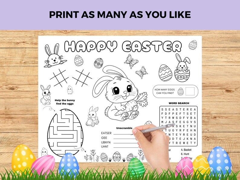 Easter Activity Placemat: Printable Coloring Page, Kids Games (PDF) - Etsy
