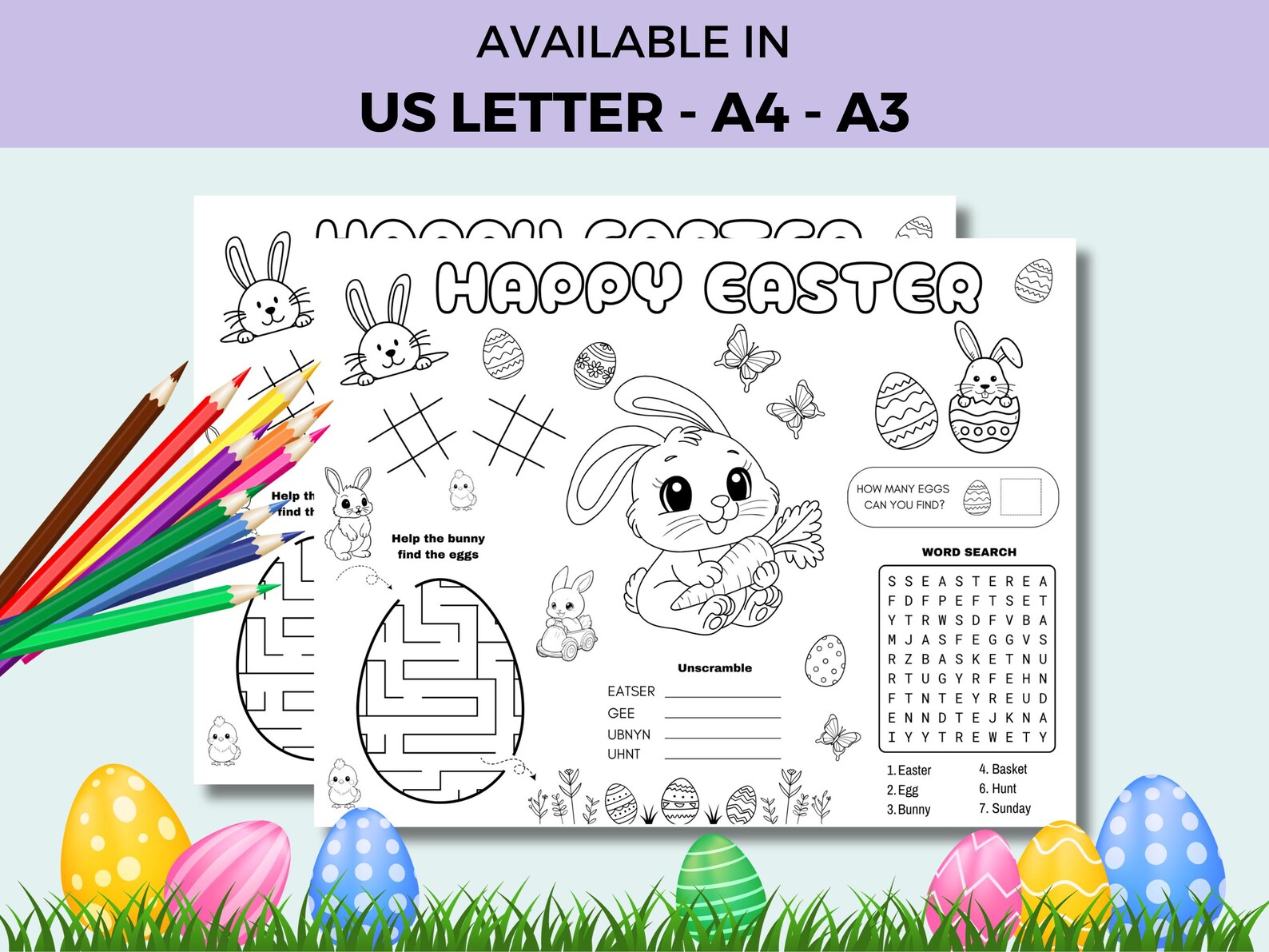 Easter Activity Placemat: Printable Coloring Page, Kids Games (PDF) - Etsy