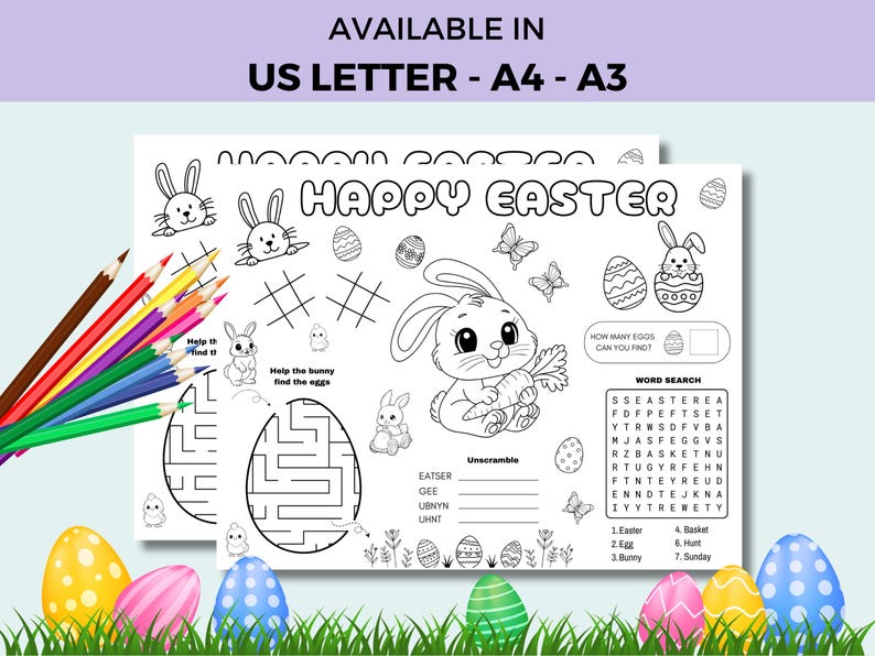 Easter Activity Placemat: Printable Coloring Page, Kids Games (PDF) - Etsy