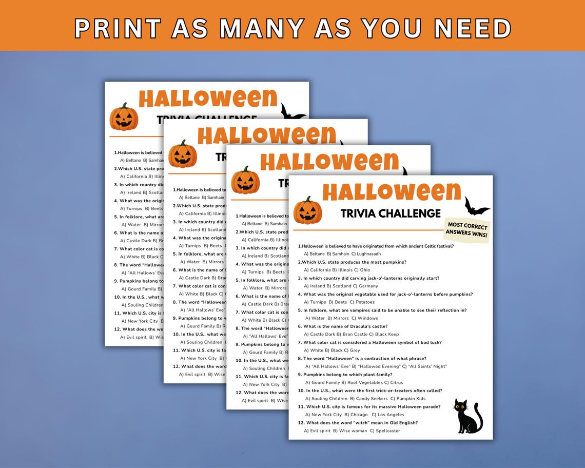Halloween Trivia Game, Printable Halloween Trivia Quiz for Kids and ...