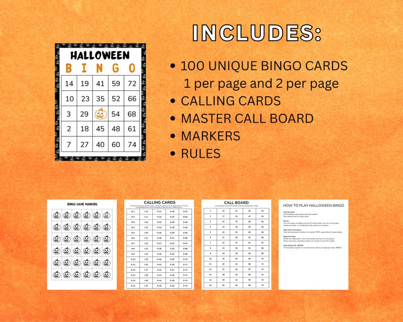 Halloween Bingo Cards With Numbers, Halloween Bingo Game Printable, 100 ...