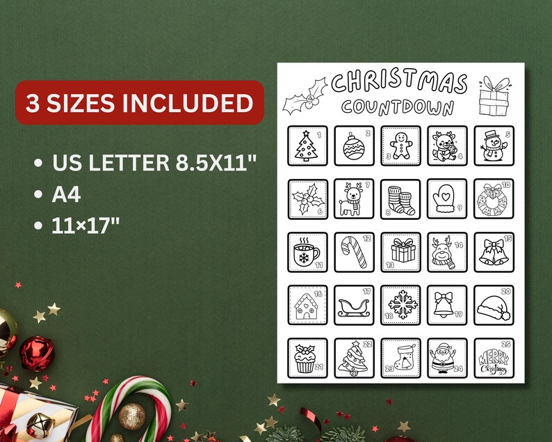 Christmas Countdown Coloring Page, Coloring Advent Calendar for Kids ...