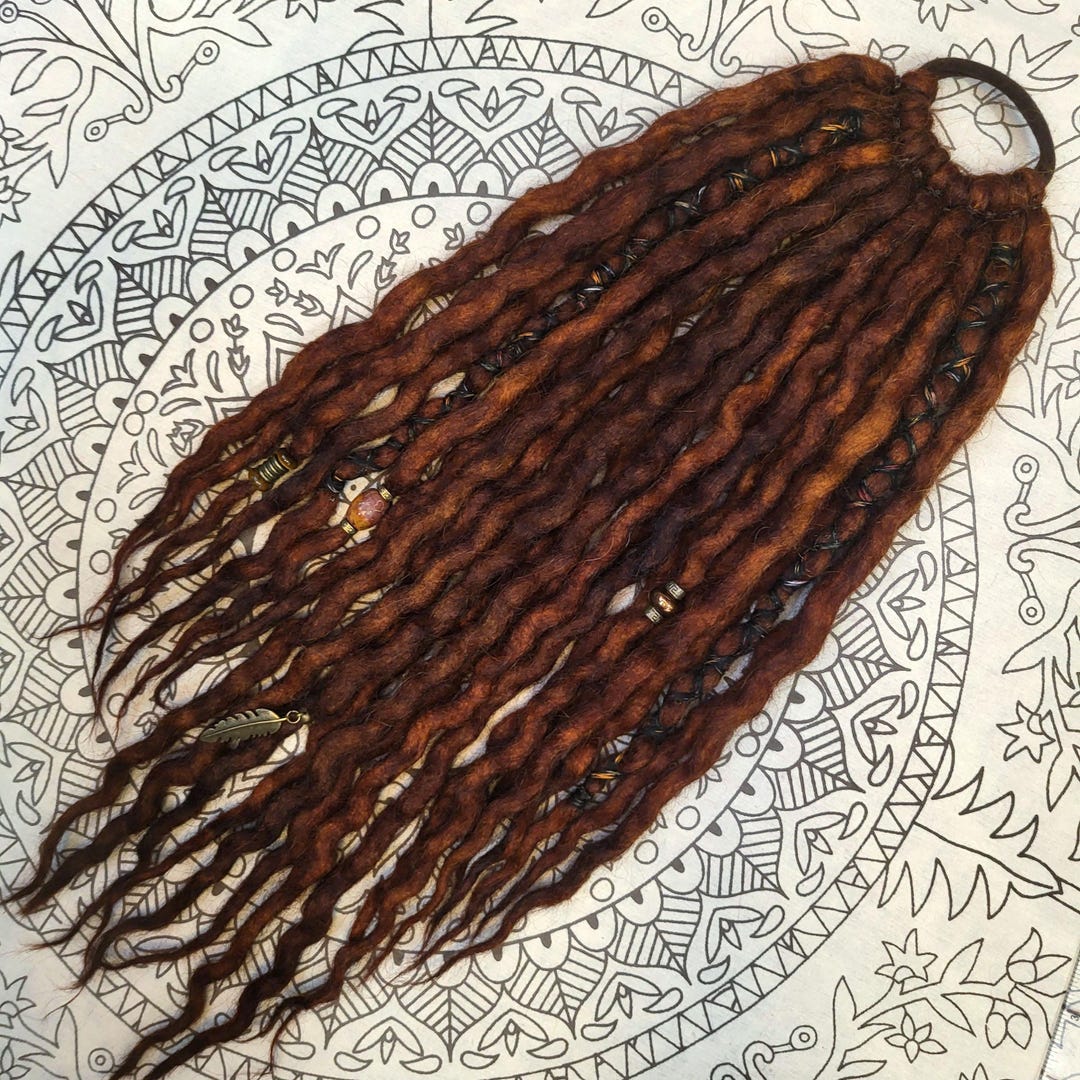 12DE Premade Wool Dreadlocks Ponytail Hair Tie, Dark Copper Dreadfall ...