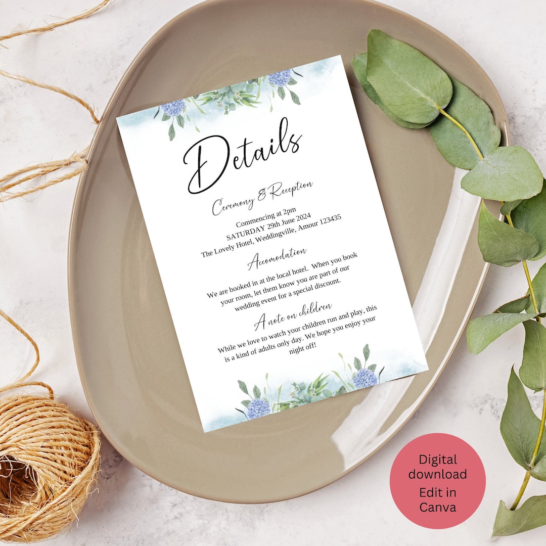 Wedding Details Card Template, 2 Sizes, Editable, Blue Flower, Digital ...
