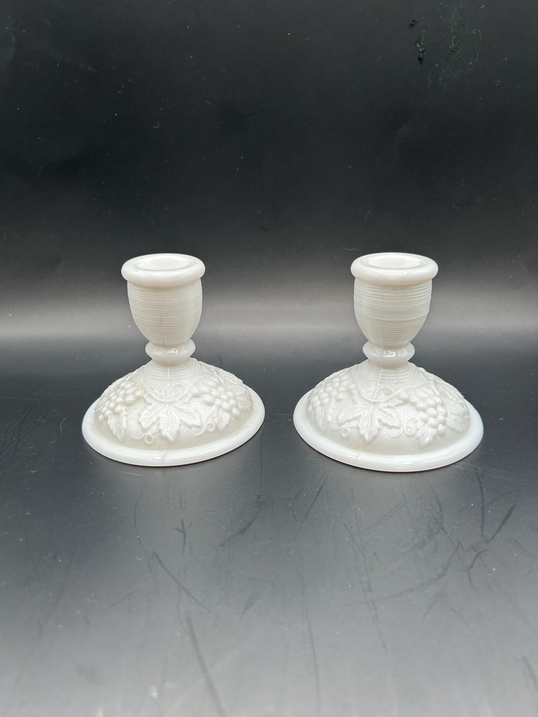 Vintage Imperial Glass Ohio Milk Glass Candlesticks With Grape and Leaf ...