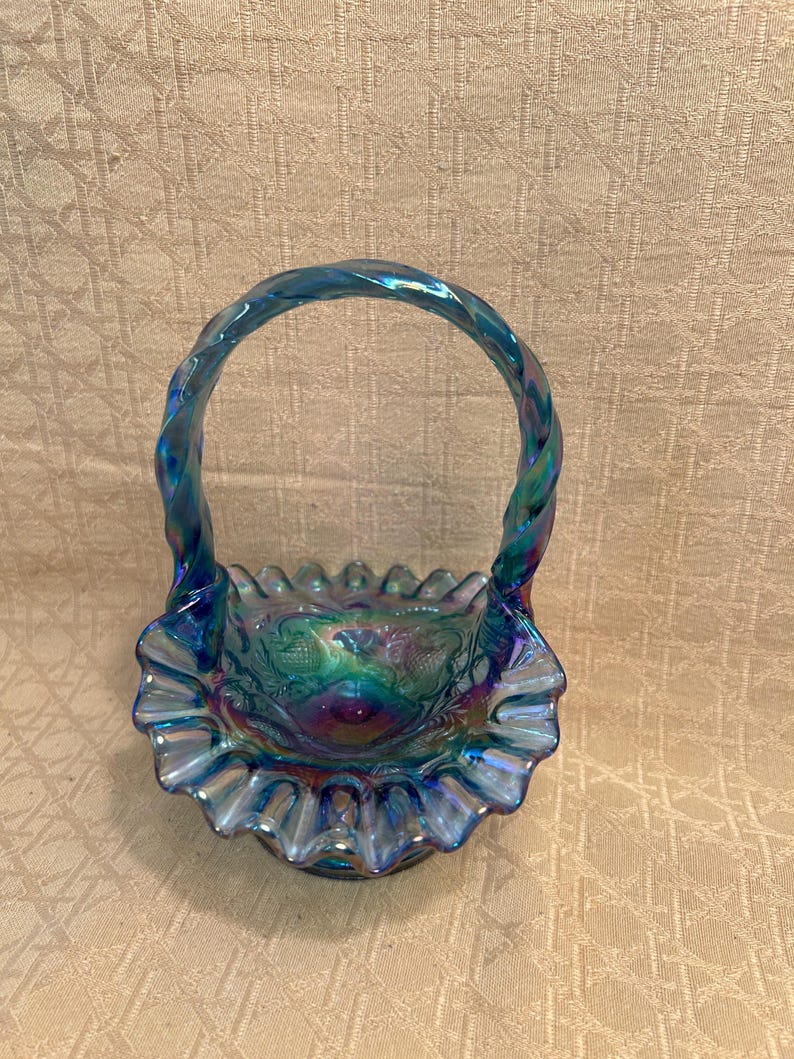 Vintage Fenton Strawberry Pattern Iridescent Blue Ruffled Edge and ...