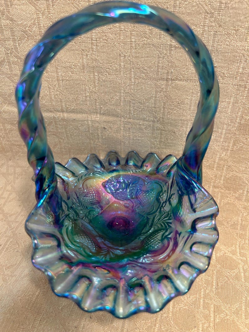 Vintage Fenton Strawberry Pattern Iridescent Blue Ruffled Edge and ...