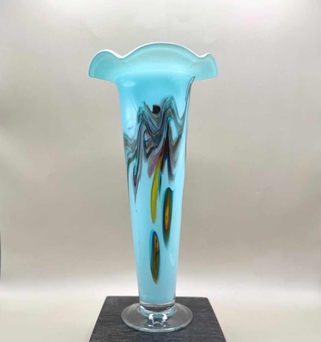 Vintage Dalian Glass Baby Blue Vase - Snowflake Lotus With Ruffled Top ...