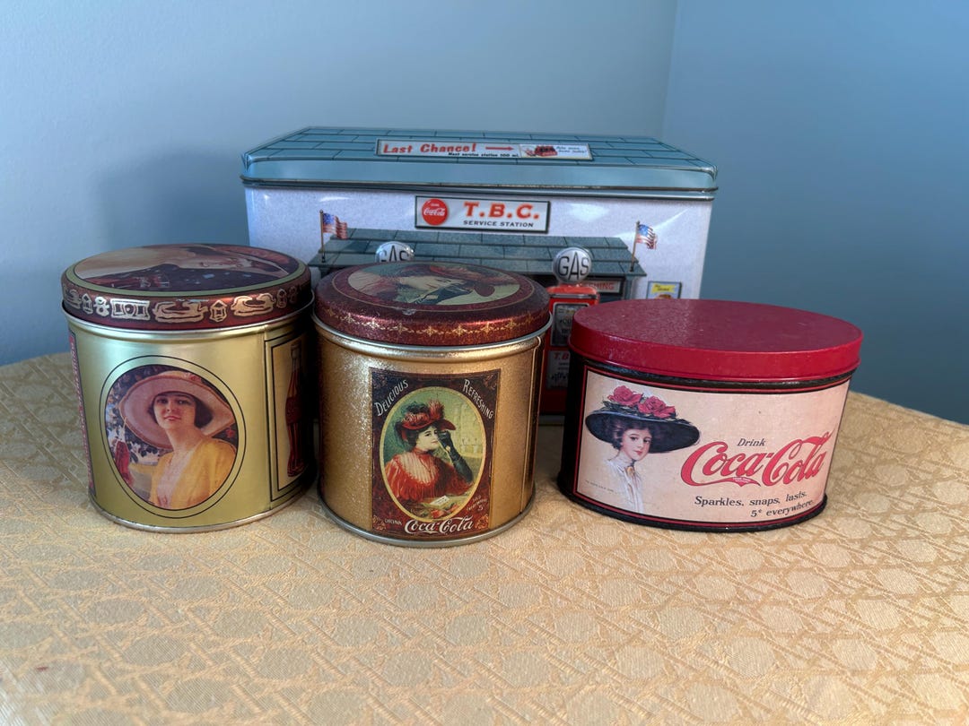 Vintage Coca Cola Collectible Tins. Left Two Made in 1984, Middle 3D ...
