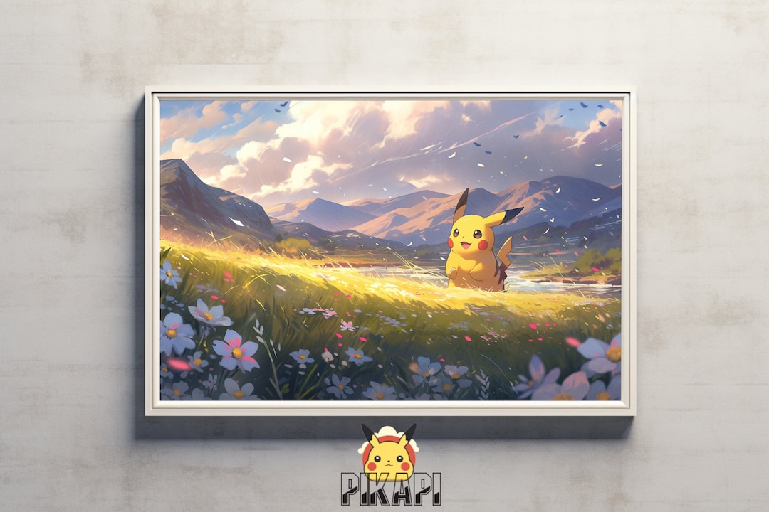 PRINTABLE Pikachu in a Mountains Landscape, Japanese Art Style Painting ...