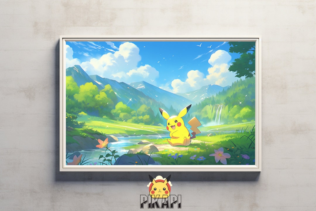 PRINTABLE Pikachu in a Leafy Landscape, Japanese Art Style Painting ...