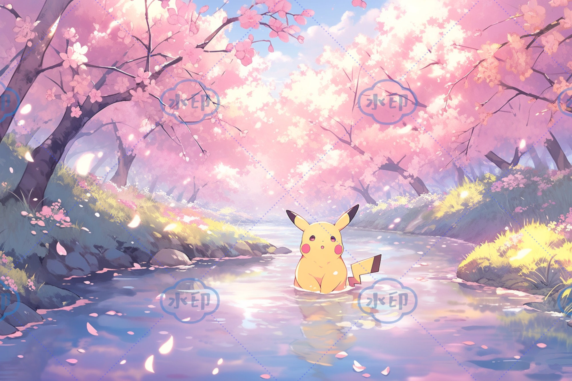 PRINTABLE Pikachu Under Sakura Trees, Japanese Art Style Painting ...