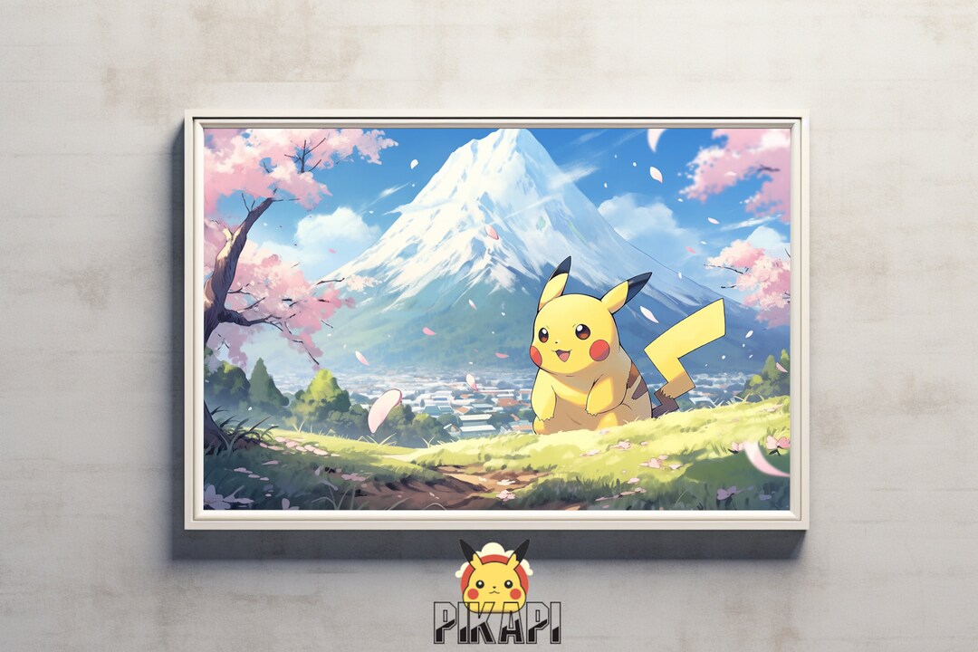 PRINTABLE Pikachu With Sakura Tree and Moutains Landscape, Japanese Art ...