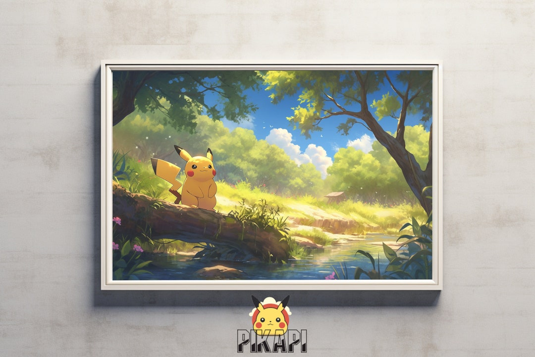 Pikachu in a Leafy Landscape, Japanese Art Style Painting Digital Print ...