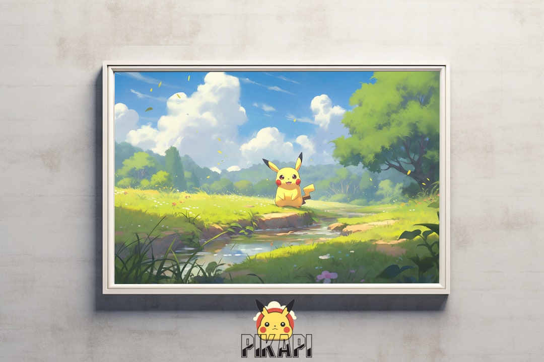 PRINTABLE Pikachu in a Leafy Landscape, Japanese Art Style Painting ...