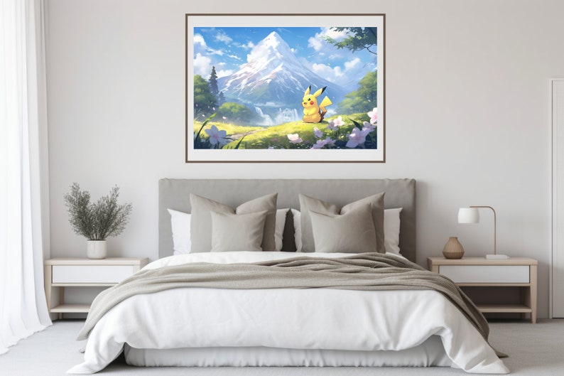 Pikachu in a Mountain Landscape, Japanese Art Style Painting Digital ...