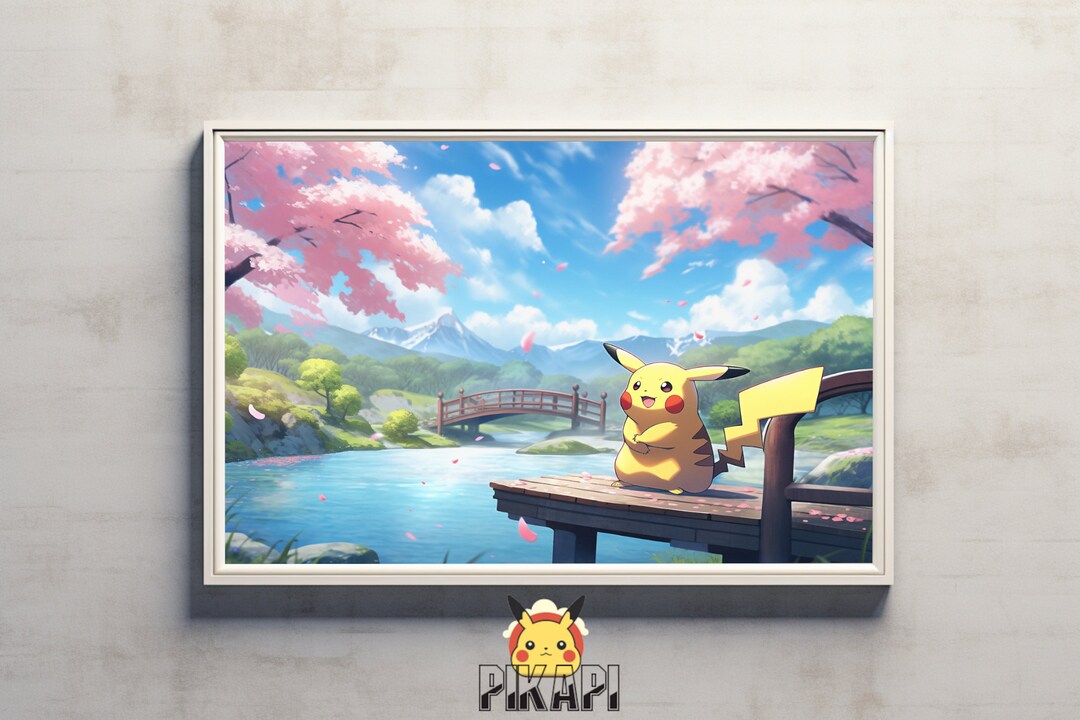 PRINTABLE Pikachu Under Sakura Trees, Lake and Mountains, Japanese Art ...