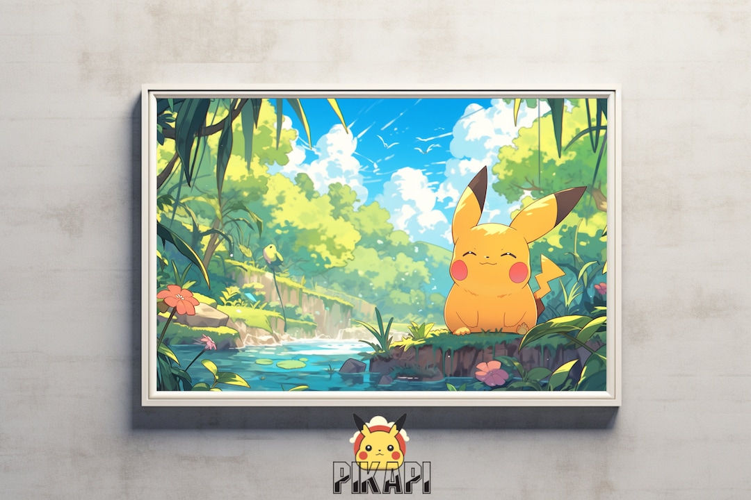 PRINTABLE Pikachu Next to a River, Japanese Art Style Painting Digital ...